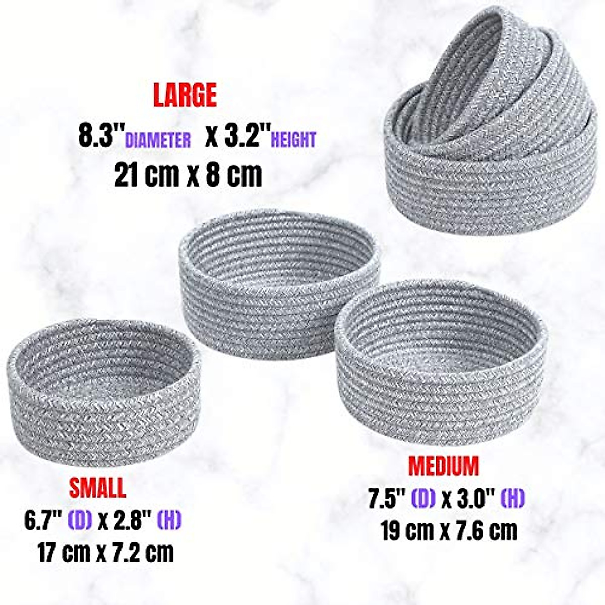 MINTWOOD Design Set of 3 Cotton Rope Nesting Bowls, Small Catch All Basket, Cute Closet Baskets and Bins for Shelves, Mini Table Basket Organizer for Small Accessories, Light Gray Mix