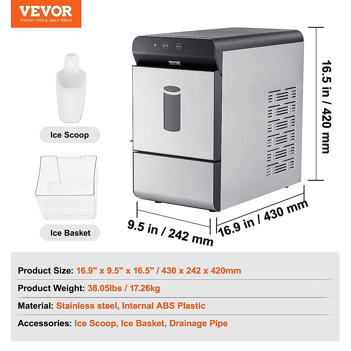 VEVOR Countertop Nugget Ice Maker, 37lbs in 24Hrs, 2 Way Water Refill Self Cleaning Nugget Ice Maker with Scoop and Basket for Home Kitchen Office Party