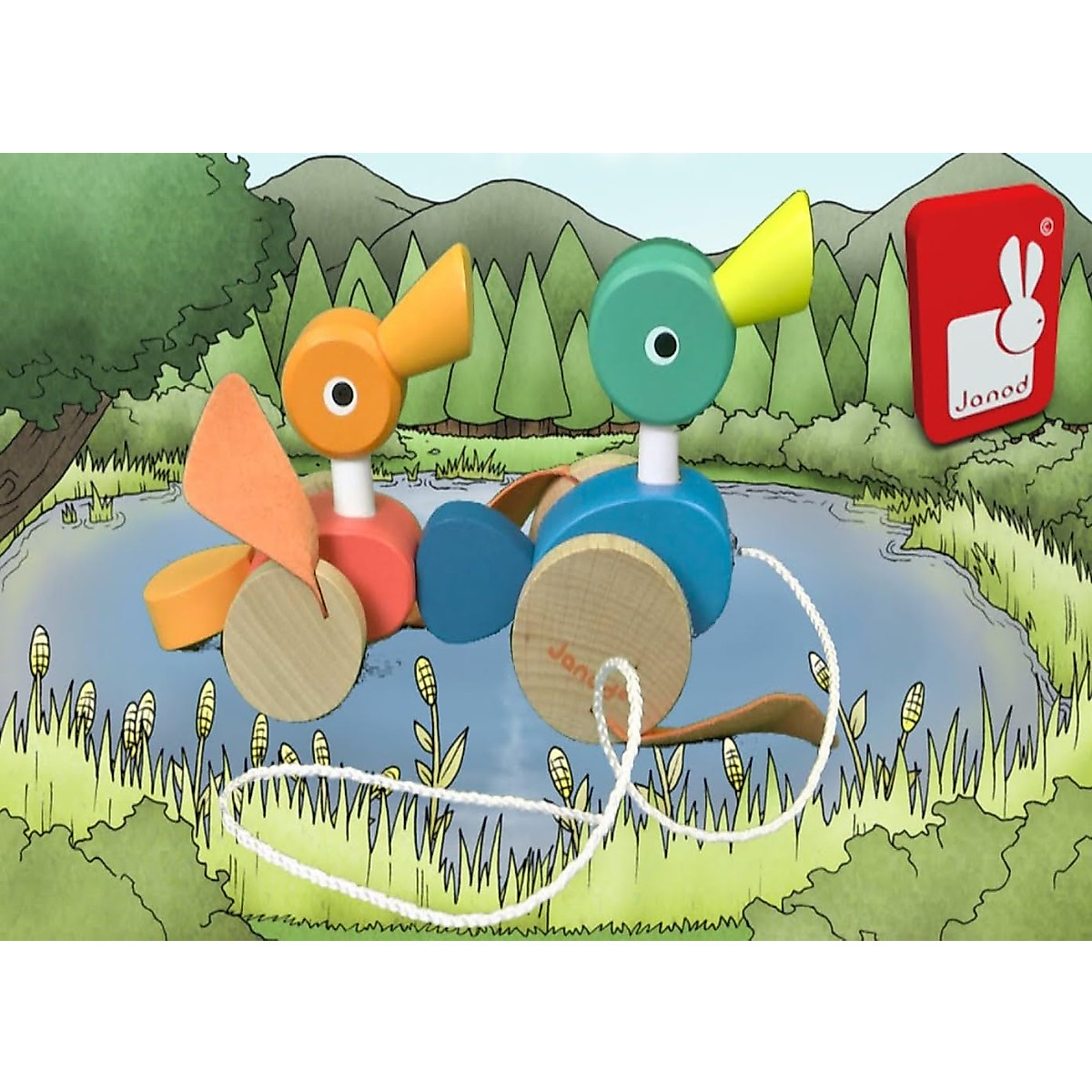 Janod Zigolos Pull Along Duck Family Early Learning and Motor Skills Toy with Flapping Feet Made of Beech and Cherry Wood for Ages 12 Months+