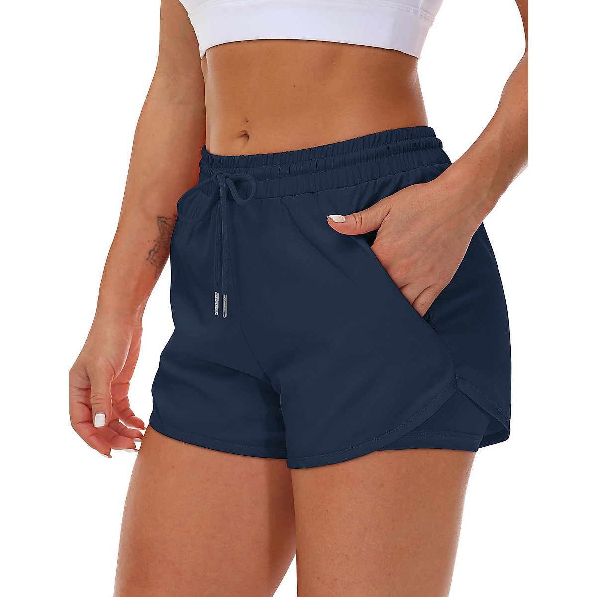 Mancreda Women's Running Shorts with Liner 3 Zipper Pockets Elastic Workout Athletic Gym Yoga Shorts(NA,M) Navy