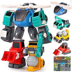 ThinkMax Transform Toys for 3 4 5 6 7 8 Year Old Boys, Robot Toys for Kids 3-5 5-7, 4 Magnetic Construction Trucks Vehicles w/Play Mat, Birthday Gift for Boy, 32 Pieces