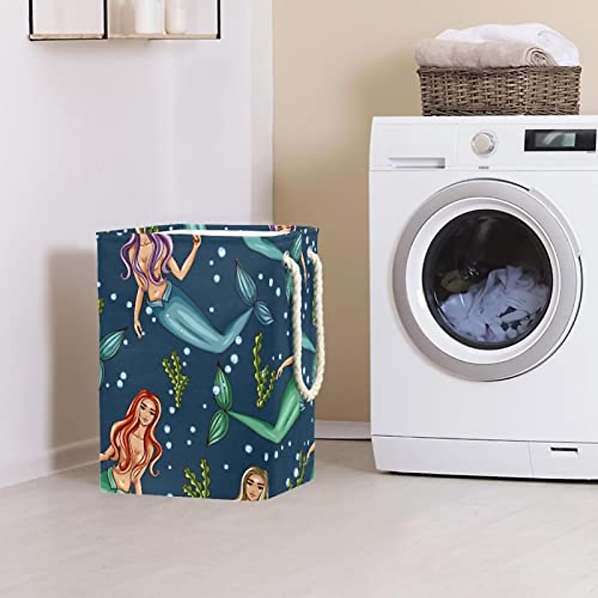 Inhomer Cute Mermaid Large Laundry Hamper Waterproof Collapsible Clothes Hamper Basket for Clothing Toy Organizer, Home Decor for Bedroom Bathroom