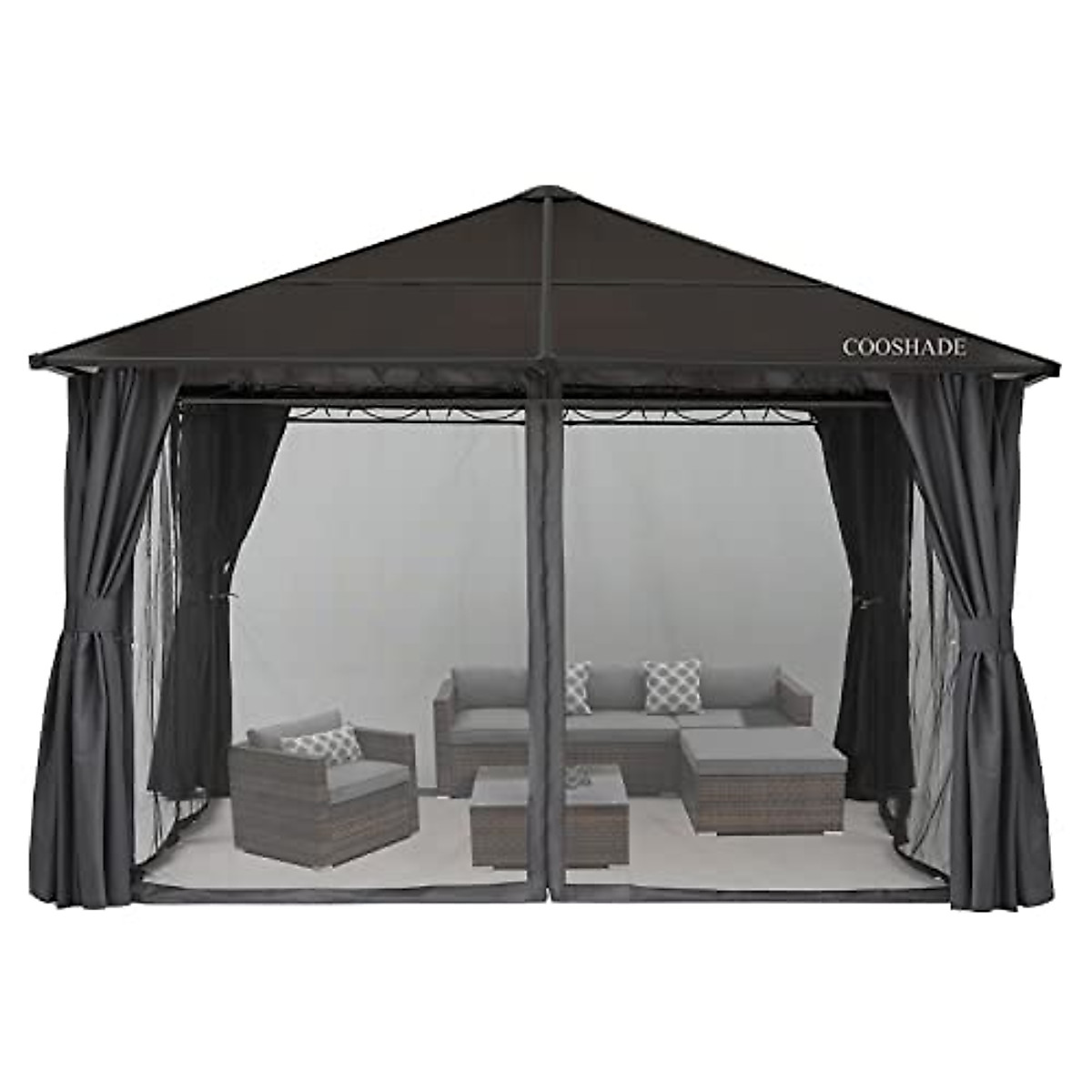 COOSHADE 10×12 Polycarbonate Roof Patio Gazebos Waterproof Outdoor Gazebo with Curtains and Mosquito Netting (Dark Grey)
