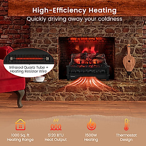 COSTWAY Eternal Flame Electric Fireplace Log, 20-inch Fireplace Insert Log Heater with Realistic Pinewood Ember Bed, Adjustable Temperature, Infrared Electric Fireplace Log for Home Decor, Black 1500W