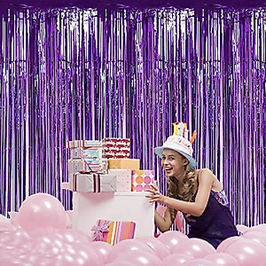 Muhome Purple Foil Fringe Curtain, 2PCS 3.28FT x 8.2FT Tinsel Door Curtains & 1 Masking Tape Purple Fringe Backdrop for Wedding Birthday Bachelorette Mardi Gras Carnival Party Decorations