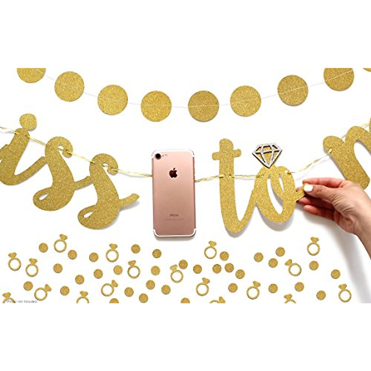 Miss to Mrs Banner, Garland & Confetti Set - Bachelorette, Engagement or Wedding Party Decorations - Sparkly Rose Gold Banner, Circle Garland & Super Fun Diamond Ring & Circle Confetti (Gold)