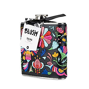 Blush Black Floral Embroidered Flask - Pocket Leather Flask Purse for Women, Whiskey Drinking Flasks, Small Thin Metal Stainless Steel Flasks for Liquor for Women, Wine Accessories - 6 oz, Black