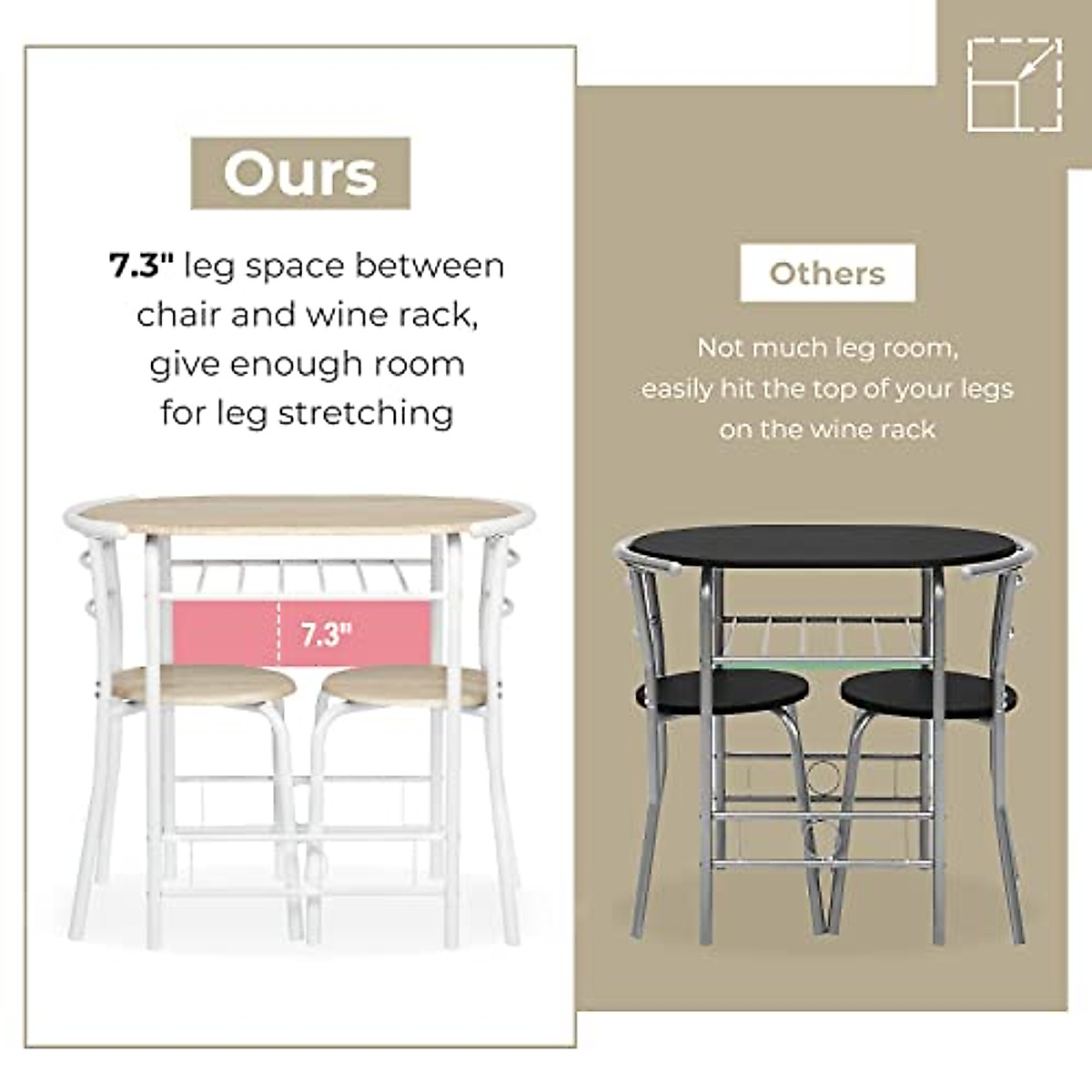 VINGLI 3 Piece Dining Set,Small Kitchen Table Set for 2,Breakfast Table Set,Kitchen Wooden Table and 2 Chairs for Small Space/Dining Room/Apartment,Metal Frame,Wine Rack,White&Light Oak