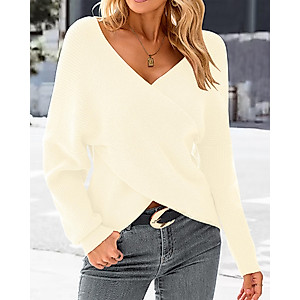 KIRUNDO 2024 Fall Winter Women's Long Sleeve Cross Wrap V Neck Knit Sweater Off Shoulder Backless Casual Pullover Tops(Apricot, Small)
