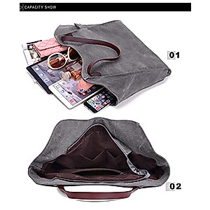 Eamom large capacity tote bags for school canvas tote bag for women leather strap shoulder bag handbag hobo tote bag (Gray)