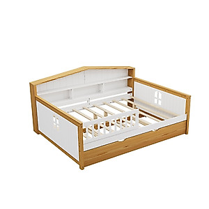 MERITLINE Full Size Daybed with Trundle and Bookcase Headboard, Wood Daybed Sofa Bed with Charming House-Shaped Design,Kids Bed Frames with Windows and Safety Rails,Walnut and White