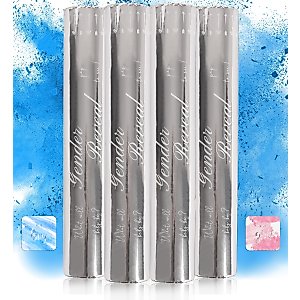 Gender Reveal Confetti Powder Cannon - 4 Blue Poppers - Gender Reveal Party Supplies - Smoke Powder & Confetti Sticks Cannons - Gender Reveal Stickers 40pcs (20 Girl 20 Boy)