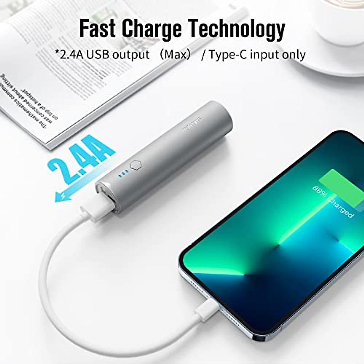 SIXTHGU Mini Portable Charger, 5000mAh Small Power Bank Fast Charging Compact Battery Pack with Flashlight and USB-C (Recharge Only) for iPhone, Samsung and More (Grey)