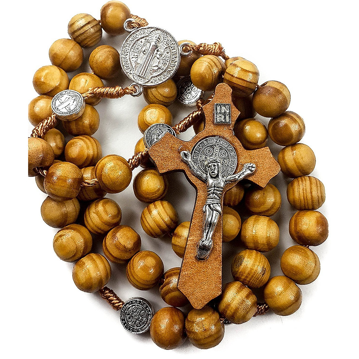 Nazareth Store Wood Beads Rosary Necklace Saint Benedict Medal & Catholic Cross Religious Prayer Chaplet String Handmade - Velvet Bag