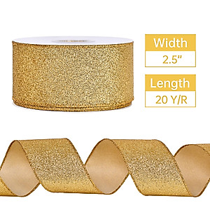YAMA Glitter Wired Ribbon, Gold, 2-1/2 inch x 20 Yards, for Christmas, Gift Wrapping, Wreath, Crafts, Bow Making and Party Decoration