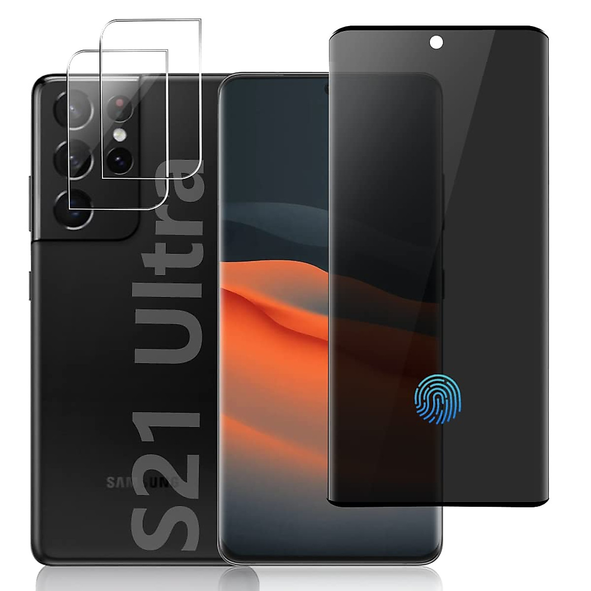 [1+2 Pack] Privacy Screen Protector and Camera Lens Protector for Samsung Galaxy S21 Ultra, Anti-spy,Support Fingerprint Unlocking,Full Coverage,9H Hardness for Samsung Galaxy S21 Ultra 5G(6.8 Inch)