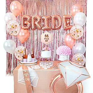 66 Piece Rose Gold Mega Bachelorette Party Decorations Kit, Fun Bridal Shower Decorations Pack, Bride to Be Sash, Rose Gold Cups, Veil, Bride & Ring Balloons, Premium Bridal Decorations for Shower