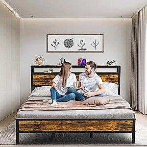 Codesfir Full Size Bed Frame Industrial Platform Bed with Charging Station 2-Tier Storage Headboard and Strong Support Legs, Noise-Free, No Box Spring Needed, Vintage Brown