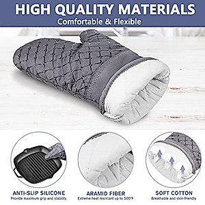 IXO 6Pcs Oven Mitts and Pot Holders, Oven Glove Heat Resistant 500℉ with Kitchen Towels Kitchen Mitts and Pot Holder Soft Cotton Lining and Non-Slip Silicone Surface for Baking, Cooking, BBQ(Grey)