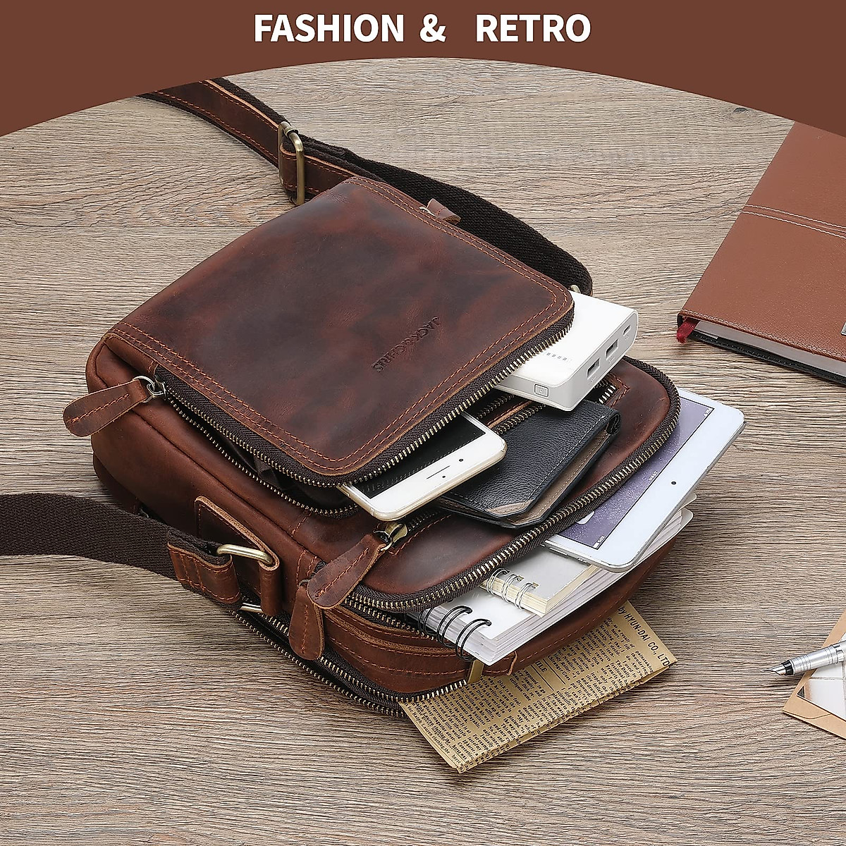Jack&Chris Leather Messenger Bag for Men, Man Purse Crossbody Bags for Work Business, Red Brown