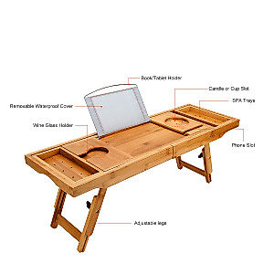 Hossejoy Bathtub Caddy Tray& Laptop Desk with Foldable Legs, 2 in 1 Wisdom Design – Luxurious Bathtub Caddy with Extending Sides, Tablet Holder, Reading Rack,Cellphone Tray and Wine Glass Holder