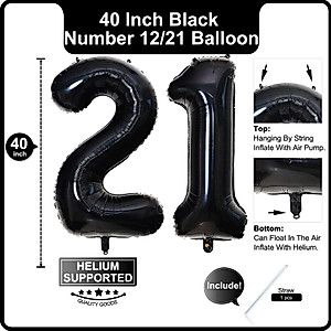 Lovoir 40 Inch Black 12 Number Balloon 21 Large Size Jumbo Digit Mylar Foil Helium Black Balloons for 12th 21st Birthday Party Celebration Decorations Graduations Anniversary Supplies