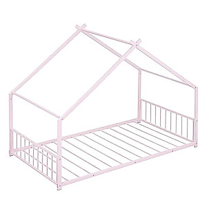 SIYSNKSI Twin Size House Bed, Metal Floor Bed Frame with Roof and Sturdy Slat Support, Platform Bed for Kids Teens Girls Boys Bedroom Furniture, No Box Spring Needed (Pink+ Metal-C35)