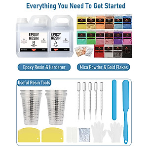 Smallbudi 80 OZ Epoxy Resin Kit with 16 Colors Mica Powder, Gold Foil, Cups & Stick, Crystal Clear Resin Beginner Supplies for Coating and Casting, Molds, Jewelry Making, DIY Art Craft, 1:1 Ratio