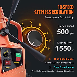 VEVOR Mag Drill Press, 1550W 2" Boring Diameter, 2922lbf Power Magnetic Drill, 500 PRM, 10-Speed, Electric Drilling Machine for Metal Surface, Industrial and Home Improvement