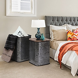 RUSTOWN Farmhouse Accent Side Table, Rustic Storage Ottoman Seat Stool, Galvanized Antique Metal End Table Box Bin with Square Wood Lid, Nesting Pieces Two (Square&Galvanized)