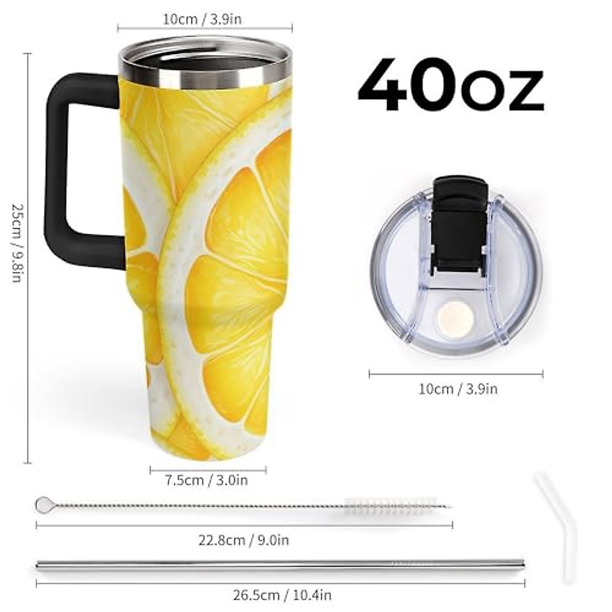 Lemon Slice Pattern 40 Oz Water Bottle, Stainless Steel Tumbler with Handle And Straw, Extra Large Insulated Tumbler, Flip Straw Tumblers for Sports, Work, Car, Travel And Weekends