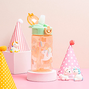 Zak Designs Kids Water Bottle For School or Travel, 16oz Durable Plastic Water Bottle With Straw, Handle, and Leak-Proof, Pop-Up Spout Cover (Unicorn)