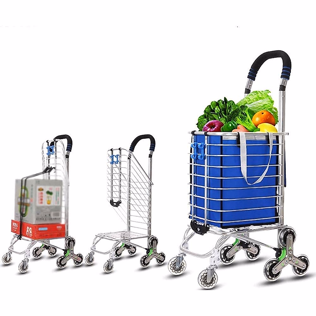 Shopping Trolley on Wheels Multi Function s,Kitchen Storage Utility Carts Foldable Dual Use Aluminum Alloy Climbing Shopping Cart 8 Rounds Crystal Wheel, Load 35 Kg Hand Trucks,Blue-B,