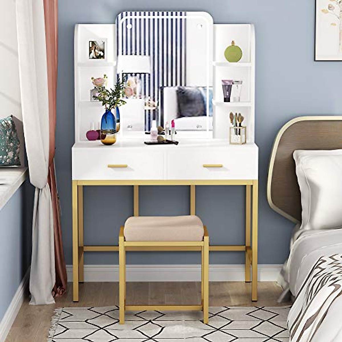 LITTLE TREE Vanity Set with LED Lighted Mirror and Cushioned Stool, Large Vanity Table Dressing Table Desk with Storage Shelves and 2 Drawers for Bedroom