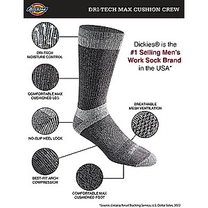 Dickies Men's Big & Tall Dri-tech Moisture Control Max Crew Socks Multipack, 3.0 Full Cushion Charcoal (6 Pairs), X-Large