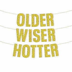 Older Wiser Hotter Glitter Banner,Gold Glitter Fun Birthday Party Decorations Happy Birthday Party Supplies for 30th 40th 50h 60th 70th 80th Birthday Party Decorations