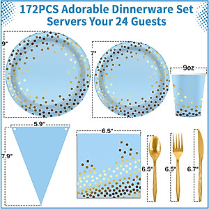 Blue Gold Party Supplies Foil Polka Dots Disposable Tableware Set Serves 24 Guests Star Foil Balloons Tablecloths Pennant Banners Plates for Birthday Wedding Baby Shower Party Graduation Decorations