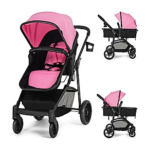 HONEY JOY Baby Stroller, High Landscape Convertible Infant Bassinet Stroller, Adjustable Canopy & Backrest, Storage Basket, Cup Holder, Foldable Newborn Carriage Pram Stroller (Pink)