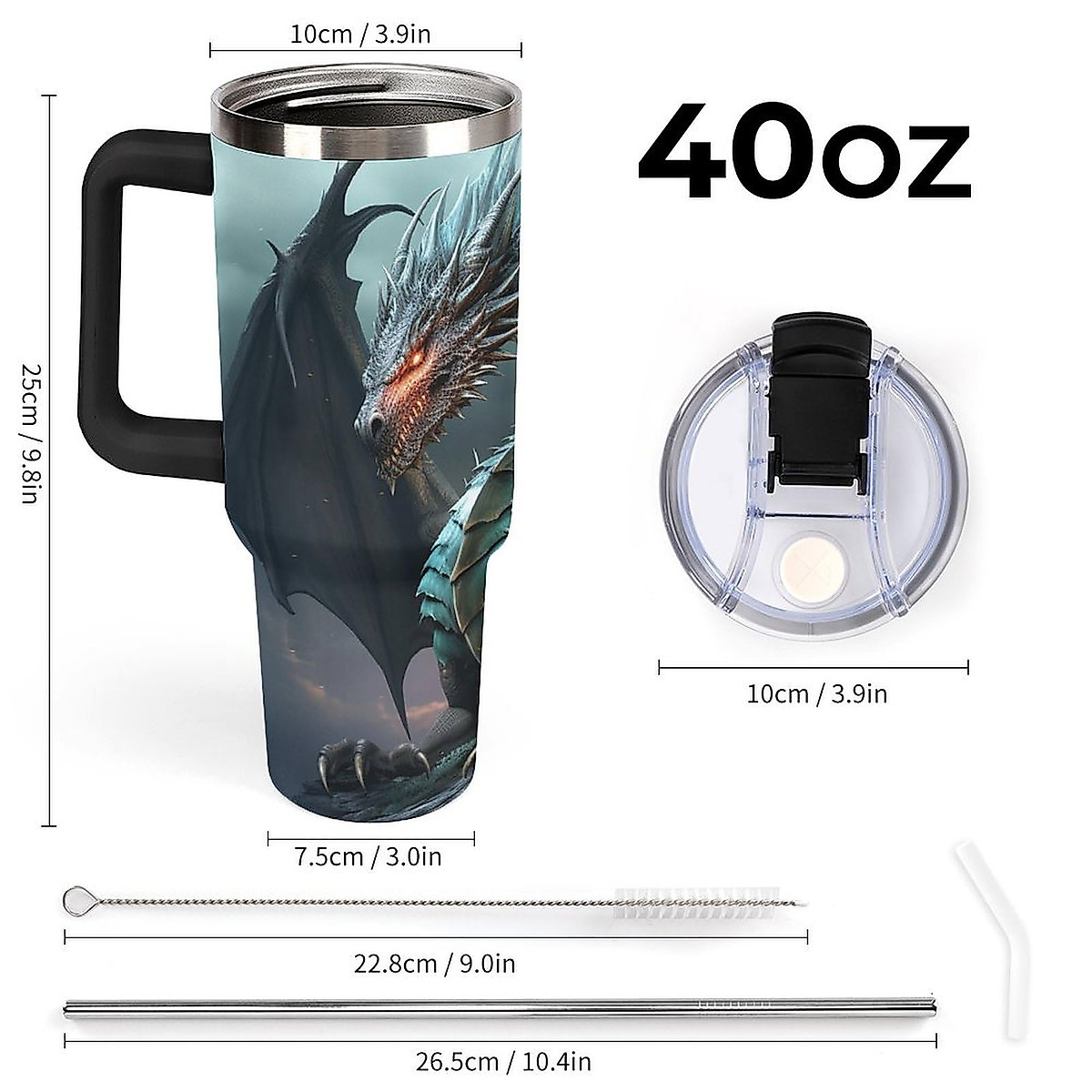 QWJKM Cool Dragon Tumbler with Handle Large Insulated Car Cup 40 OZ Stainless Steel Travel Mug Leak Proof Water Bottle with Lid And Straw for Car Home Office Gifts