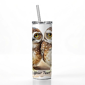 Personalized Custom Name Text Pair Of Burrowing Owls Bird Watercolor Skinny Tumbler 20oz with Straw Insulated Water Bottle Gift - 1 Line Horizontal