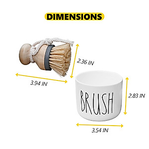 Dish Brush with Holder, Bamboo Handle Dish Scrubber with Ceramic Stand, Bubble Up Dish Brush Set, Farmhouse Dish Cleaning Tools, Dish Washing for Kitchen Sink, Bathroom, Household Cleaning (White)