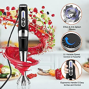 Immersion Hand Blender: 3-Angle Adjustable with Variable 21-Speed Control, Powerful Hand Blender Electric for Milkshakes | Smoothies | Soup| Puree | Baby Food (Black)