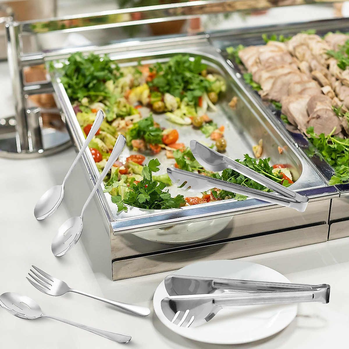 Sabary 32 Pcs Buffet Party Stainless Steel Serving Utensil Metal Buffet Serving Utensils Set with Serving Spoons, Slotted Spoon, Serving Fork, Serving Tong for Catering Party Banquet