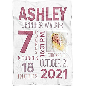 Yeh Gift Personalized Baby Photo Newborn Blanket with Birth Information for Girls & Boys. Customized Blanket from Baby's Name, Date, Weight for New Born, Dad Mom Grandparents (Pink)