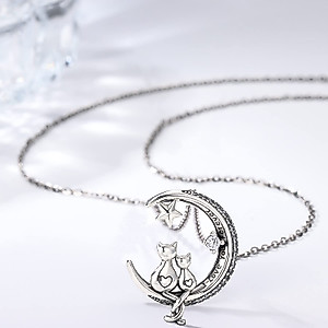 Odinstone Cat Necklace, S925 Sterling Silver Cat on Moon Pendant with Cubic Zirconia, Cat Jewelry Mothers Day Gifts for Mum with Gift Package - I Love You Forever