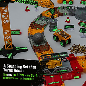 JITTERYGIT Dino Track Train and Construction Track Site Christmas Bundle Gift, Glow in The Dark Playset Racing Play Site Set,Cool Racetrack Present for Children, Ages 3 4 5 6 7 8 9 Years Old