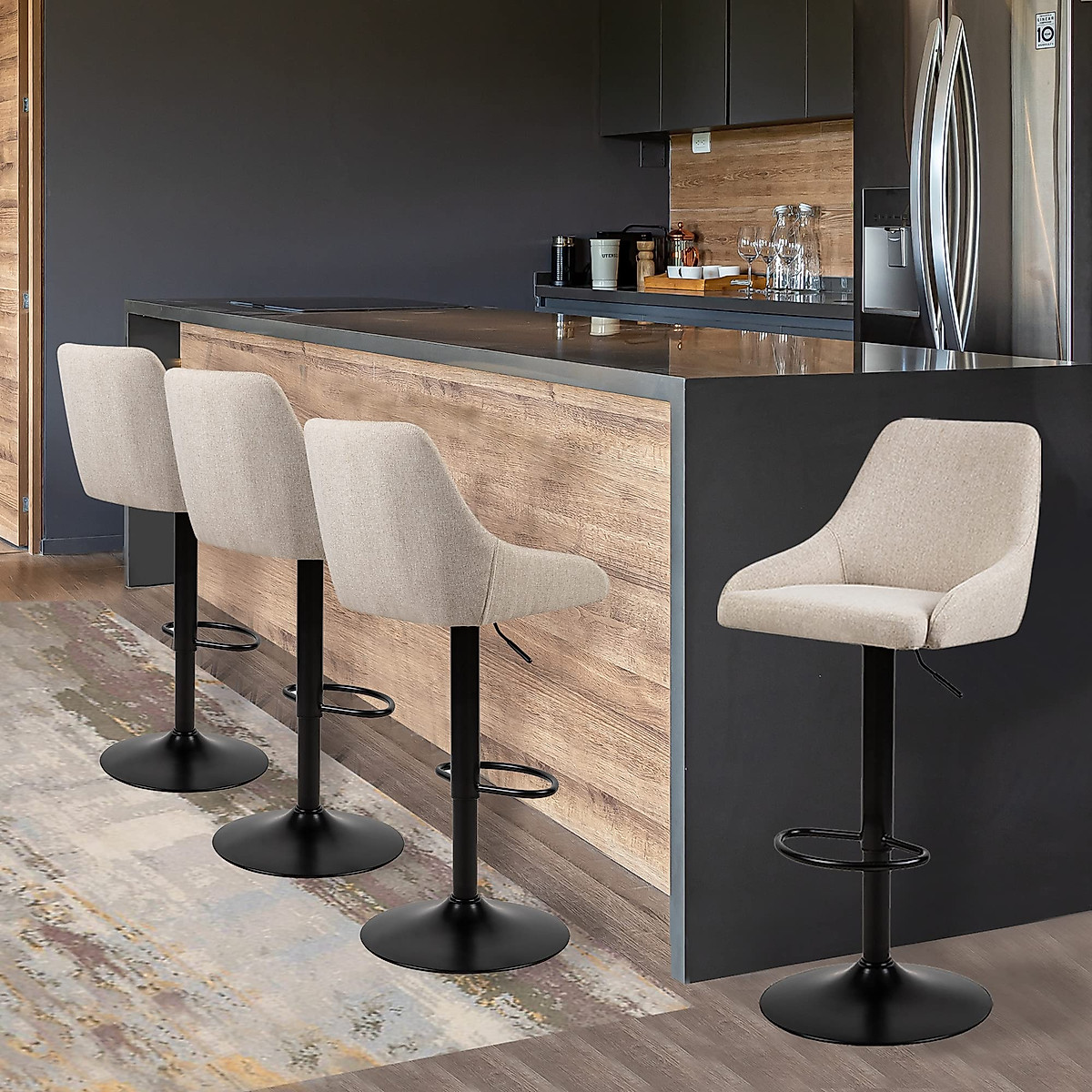 GIA Home Furniture Series Bar Height Adjustable and Swivel Metal Stool with Beige Linen Upholstered Seat, Black, Set of 2