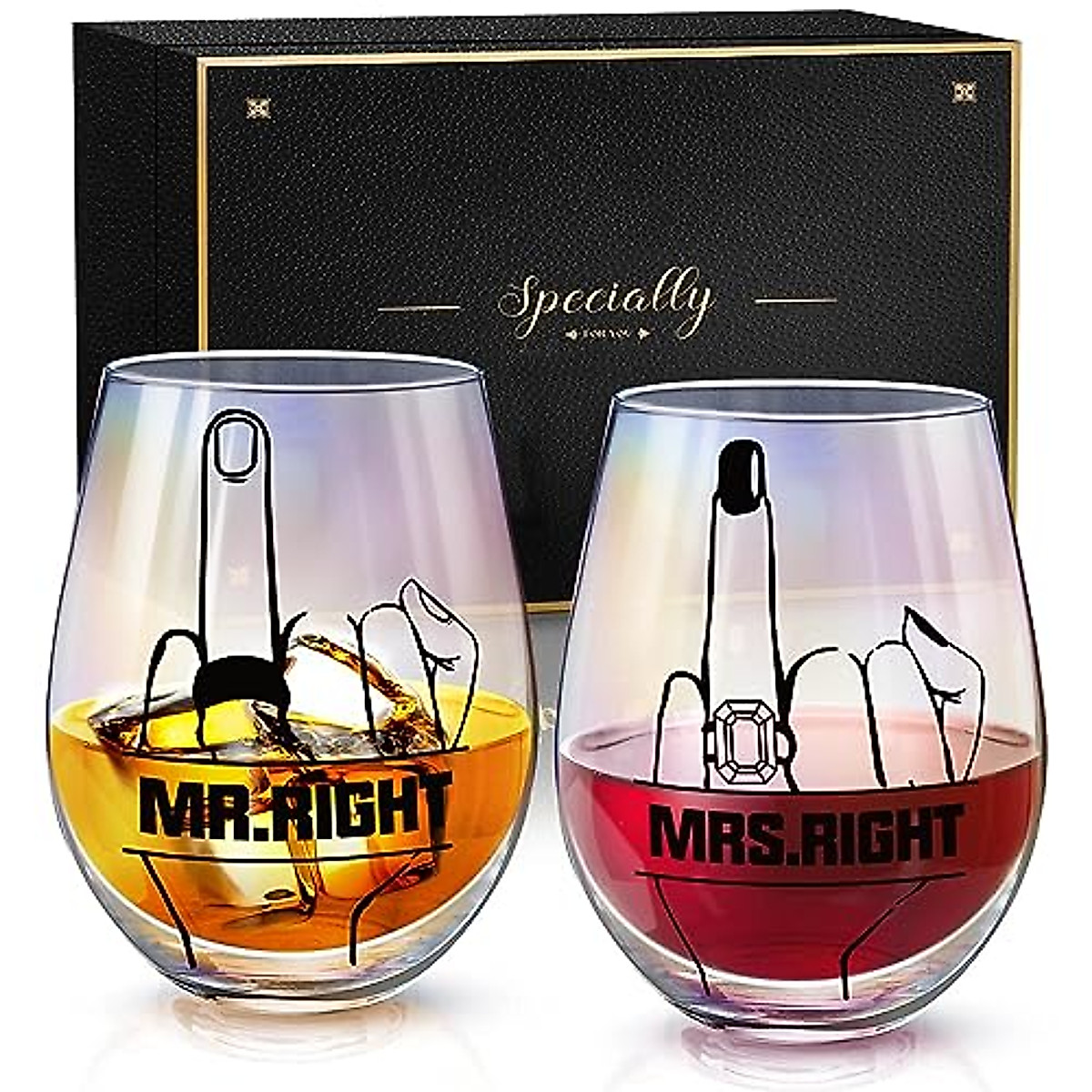 FONDBLOU Engagement Gift for Couple, Wedding Bridal Shower Gift, Funny Couples Gifts for Bride and Groom, Mr and Mrs, Newlywed, Anniversary, Christmas, 18oz Ring Finger Wine Glasses