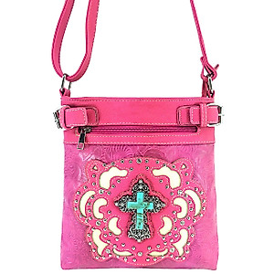 Justin West Tooled Turquoise Stone Cross Rhinestone Laser Cut Shoulder Chain Concealed Carry Handbag Purse Wallet Messenger (Hot Pink Messenger Bag)