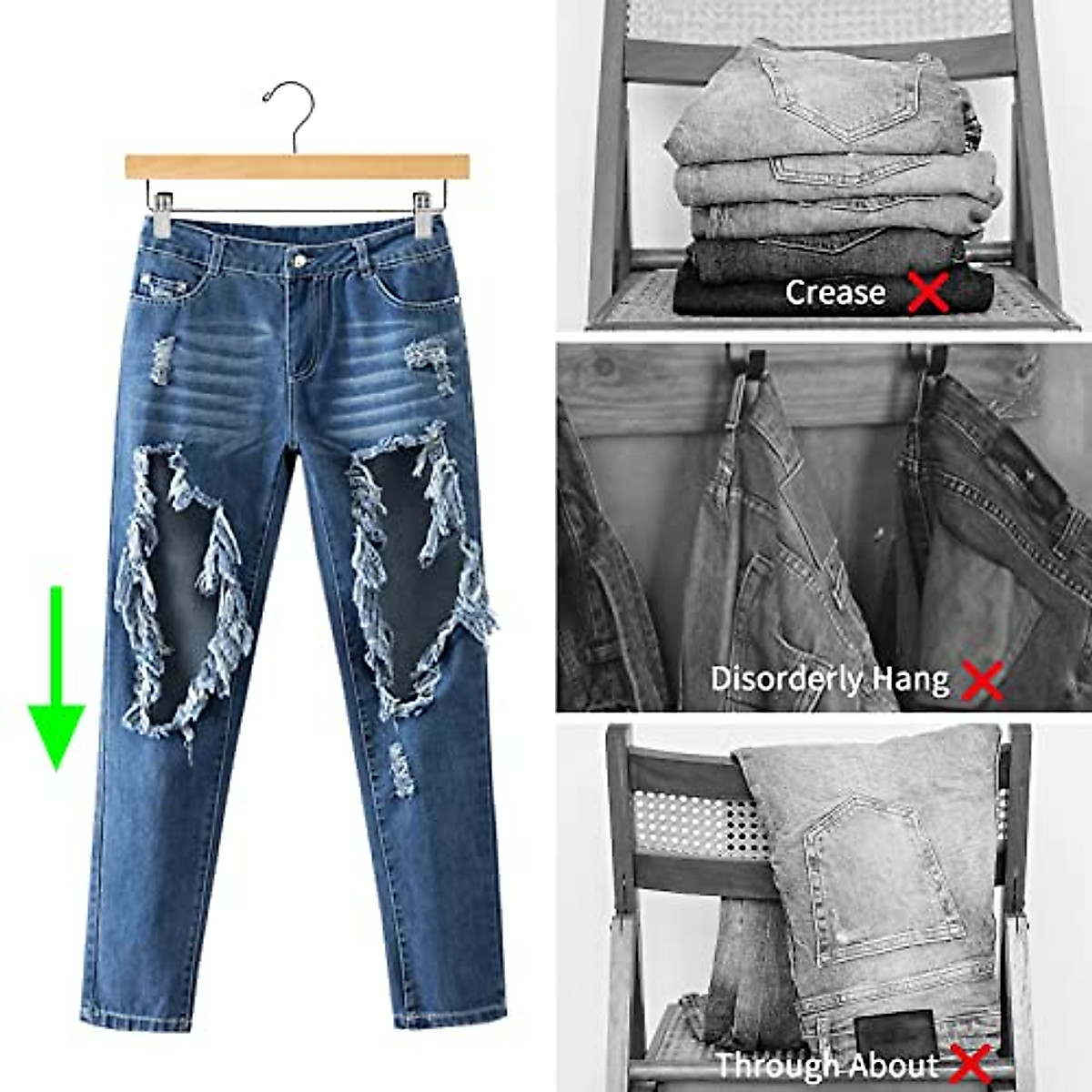 Nature-Smile 20 Pack Wooden Pants Hangers Jeans Bottom Hanger Solid Lotus Wood Skirt Hanger with 2-Adjustable Clips Anti Rust Hook Natural Color